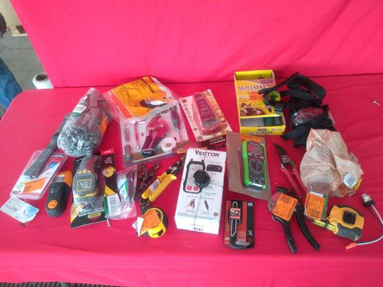 Box of Assorted Tools Including Mold Max Sonic Spikes, PVC cutter husky ...