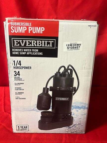 EVERBILT 1/4HP 34 Gallons Per Minute Submersible Sump Pump - Sierra Auction Management Inc