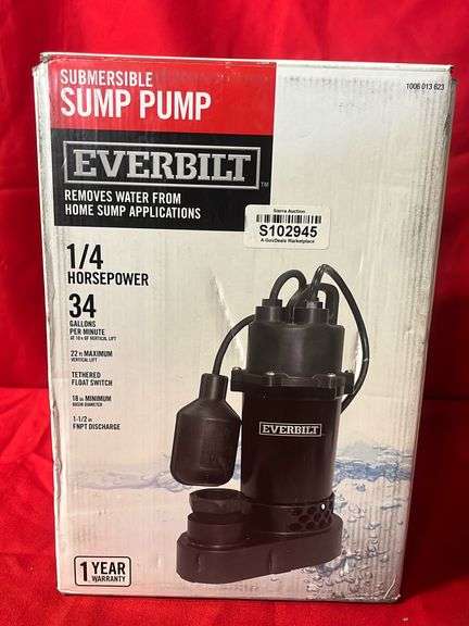 EVERBILT 1/4HP 34 Gallons Per Minute Submersible Sump Pump - Sierra Auction Management Inc