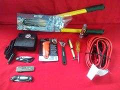 Box Of Assorted Tools Including Bolt Cutters, Jumper Cables, Pocket ...