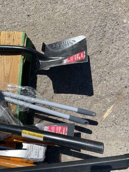 Pallet of Assorted Tools (Rake, Shovel, Steel Tamper, Sidewalk Scraper ...