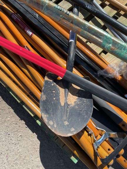 Pallet of Assorted Tools (Rake, Shovel, Steel Tamper, Sidewalk Scraper ...