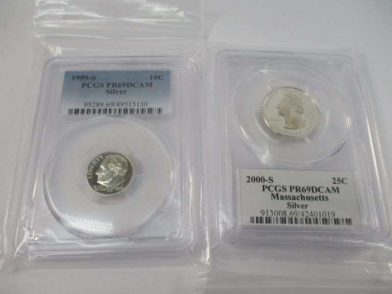 (2) 90% SILVER PCGS Graded PR69DCAM Coins - Massachusetts 25c ...