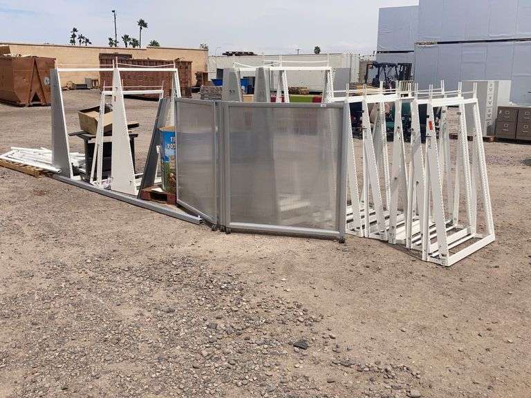 Large quantity of metal A-frame shelving racks and portable privacy ...