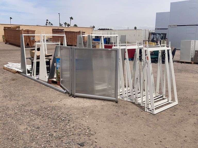 Large quantity of metal A-frame shelving racks and portable privacy ...