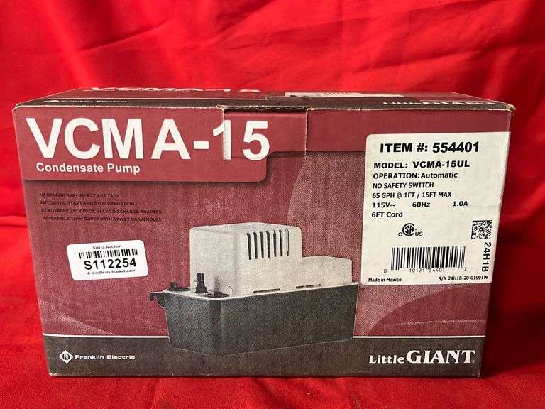 BRAND NEW LITTLE GIANT Condensate Pump VCMA-15UL - Sierra Auction ...