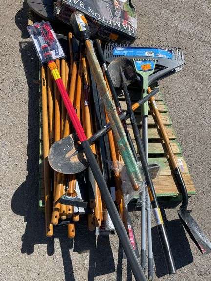Pallet of Assorted Tools (Rake, Shovel, Steel Tamper, Sidewalk Scraper ...