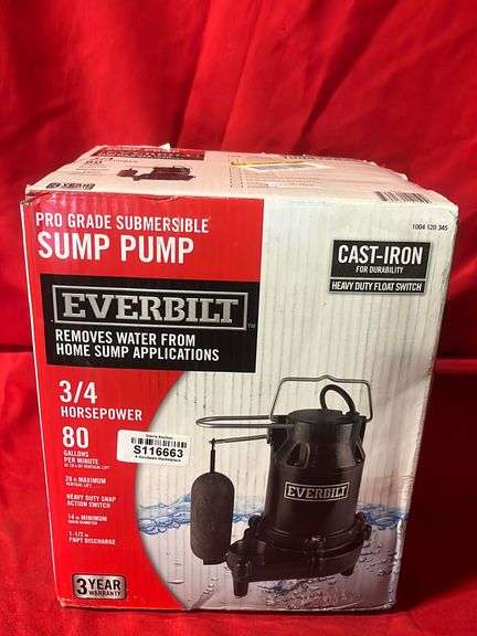 Everbilt 3/4 HP Pro Grade Submersible Sump Pump - Sierra Auction Management Inc