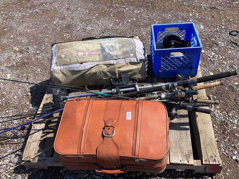 Assorted fishing poles, sigma trolling motor, camping tent, suitcase ...