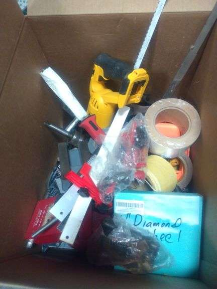 Box Of Assorted Tools Including DeWalt Drill, Manual Saw, Stanley Panel ...