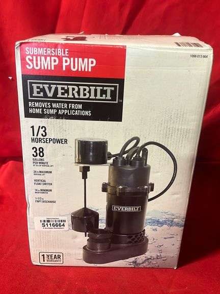 Everbilt 1/3 HP Aluminum Submersible Sump Pump Vertical Switch - Sierra Auction Management Inc