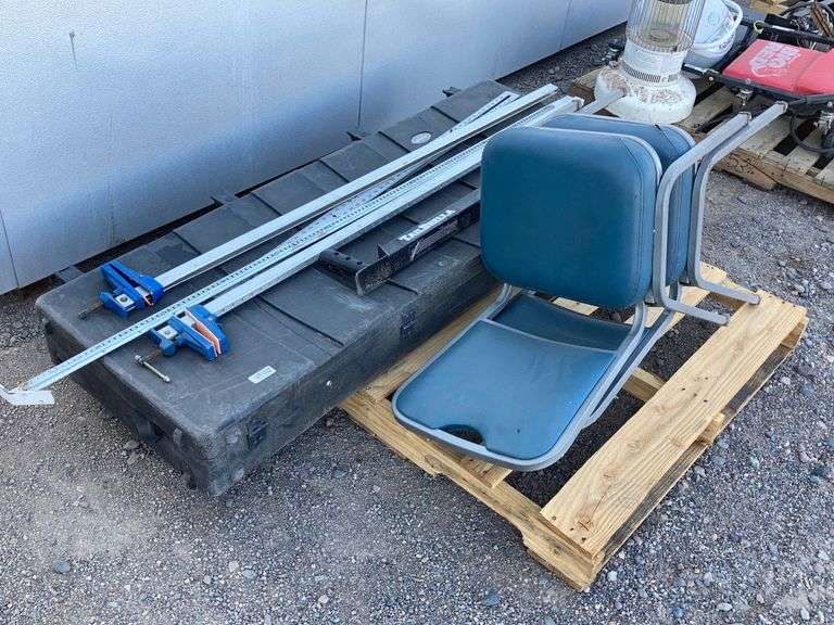 Plastic cargo container, metal clamps, stackable chairs and more ...