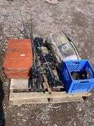 Assorted fishing poles, sigma trolling motor, camping tent, suitcase ...