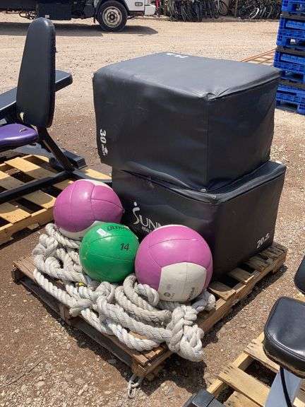 Two vertical jump mats, three exercise balls and training ropes ...