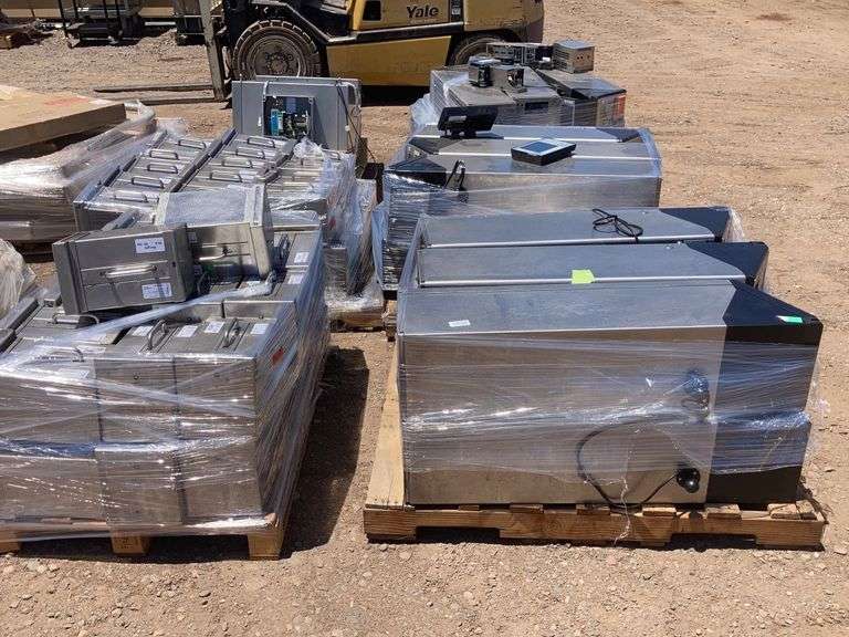 6P) Assorted metal transit bus fare boxes, money boxes and vault ...