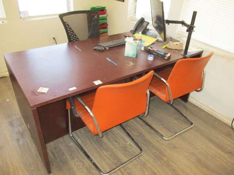 Office Wooden Desk With Misc Contents - Sierra Auction Management Inc