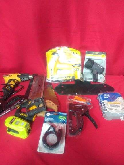 Box With Assorted Tools Including Rechargeable Spotlight, Husky Staple ...