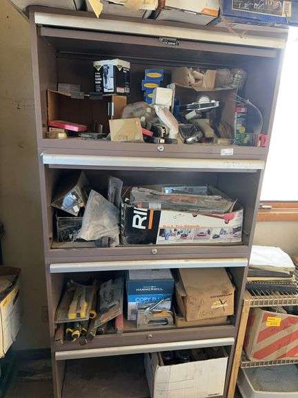 4 Section Metal Cabinet with Doors & Contents, Arrow Staples, Lable ...