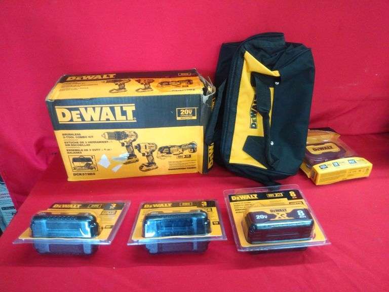 Box of DeWalt Tools including Dewalt Power Bank, Dewalt Canvas Carrier ...