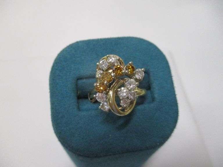 14k YG Beautiful Diamond & Amber colored Diamond Cluster Ring 6g Size 4 ...