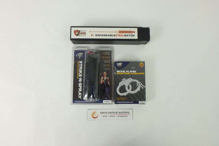 HANDCUFFS, EXPANDABLE STEEL BATON & STRIKE-IN-SPRAY *NEW IN PKG* (3 PCS ...