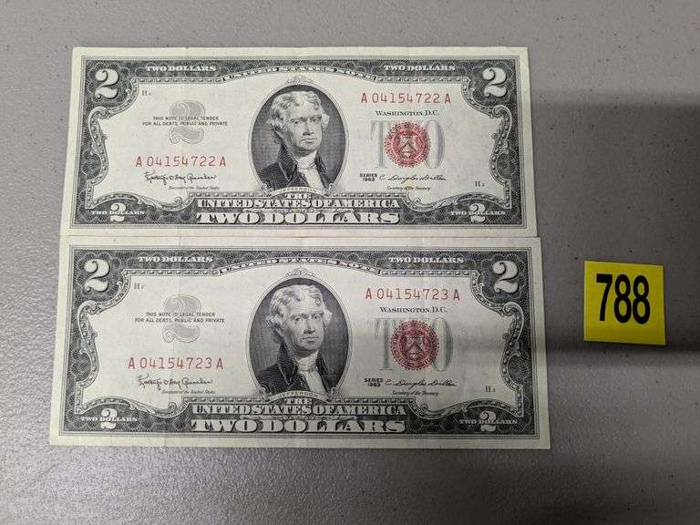 2 Consecutive serial number 1963 Red Seal $2 bills - South Auction