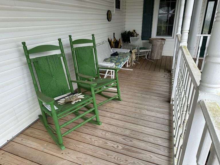 Porch Furniture Set with Green Rocking Chairs, White Metal Bench, and ...