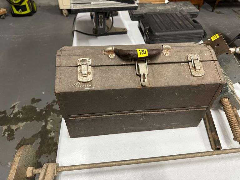 Metal Tool Box with Hinged Lid and Contents - South Auction
