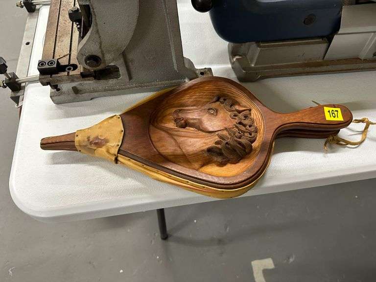 Wood and Leather Fireplace Bellows with Carved Horse Design - South Auction