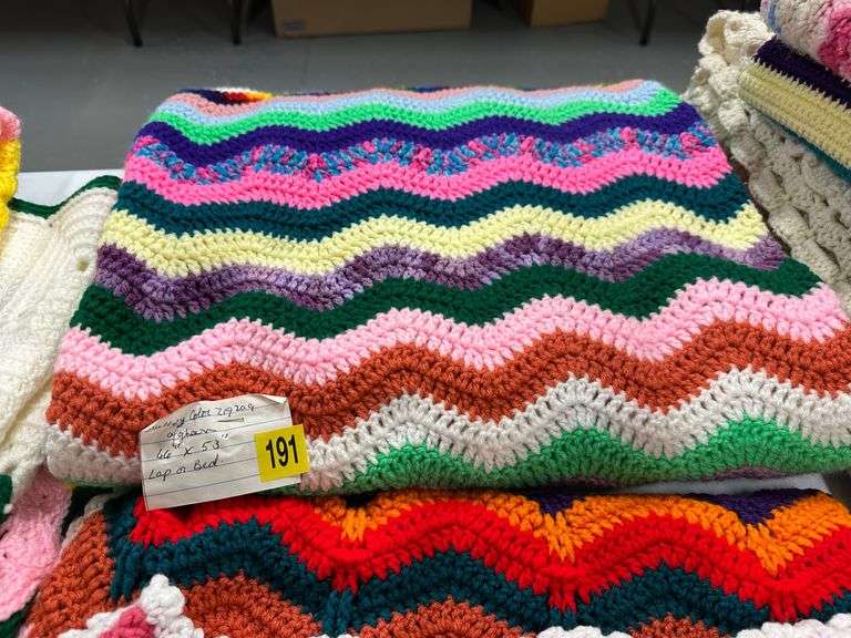 Multicolor Crocheted Afghan Blanket, Zig Zag Pattern - South Auction