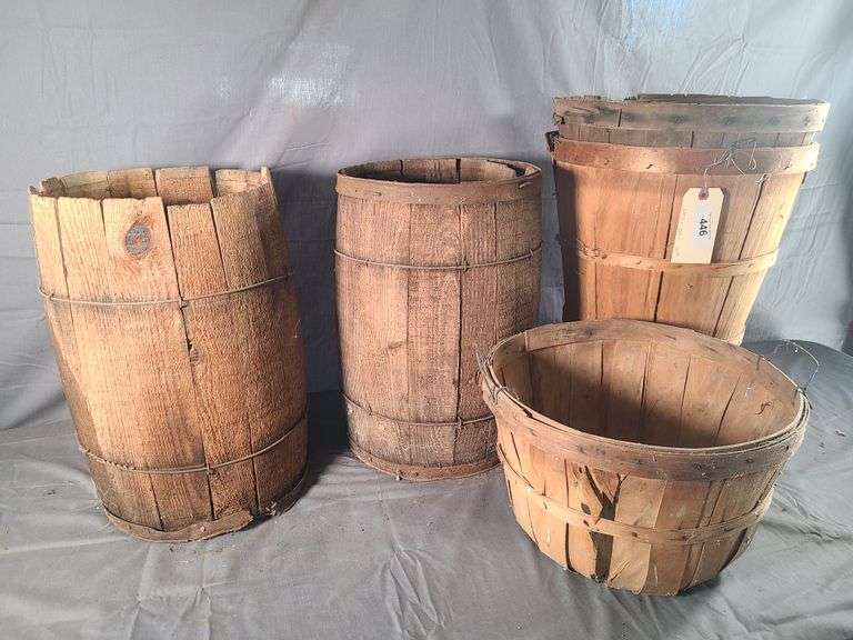 Rustic wooden kegs & peach baskets - T&S Auction Service
