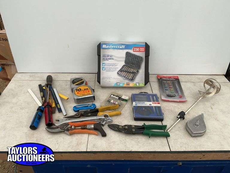 Misc tools, drillbit set, tin snips, paint mixer, fuse tester, tape ...