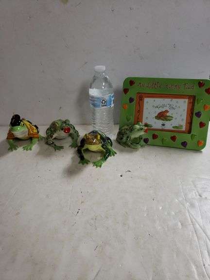 (3) Fanciful Frog Statues And Picture Frame - Trice Auctions
