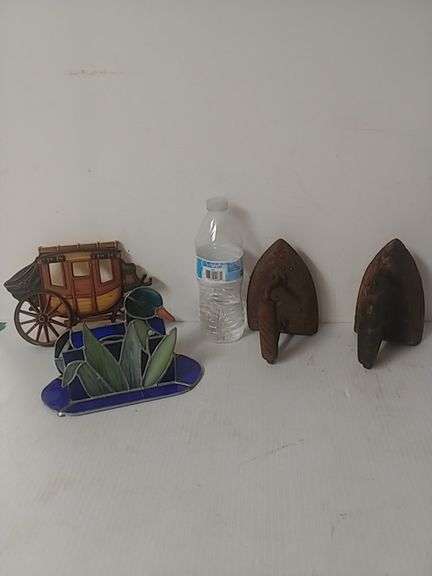 2 Sad Irons, Stained Glass Duck & Stagecoach Wall Plaque - Trice Auctions