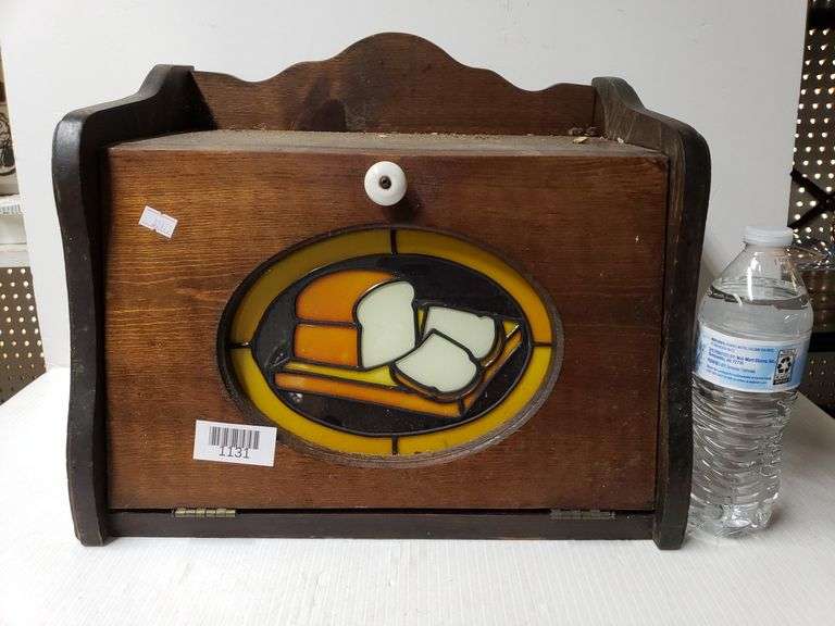 Vintage Stained Glass-like Front Wooden Bread Box - Trice Auctions