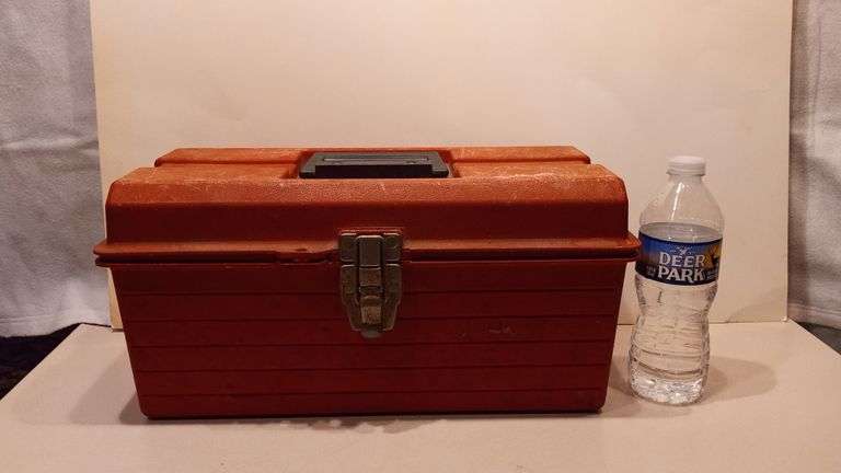 Red Tuff Box Plastic Toolbox with Various Tools - Trice Auctions