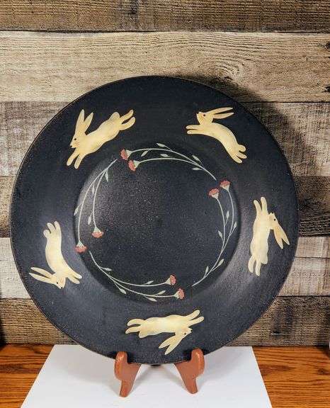 Handpainted primitive running rabbit plate by Hearthside, signed on the ...