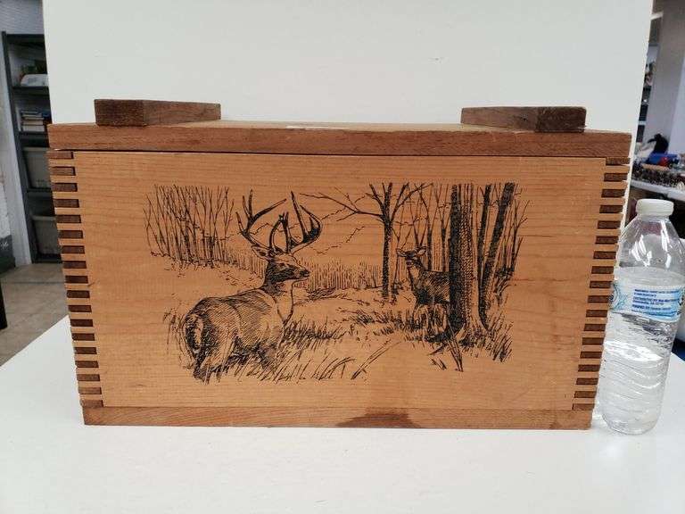 Wooden Ammo Box W/deer Scene - Trice Auctions