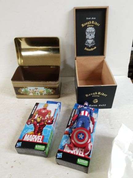Marvel Iron Man & Captain America Figures, Cigar Tin & Box - Trice Auctions