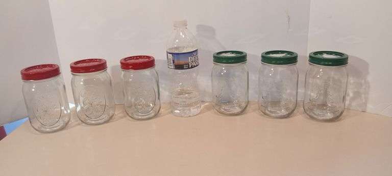 Six NEW Various Embossed Glass Pint Jars with Decorative Lids - Trice ...