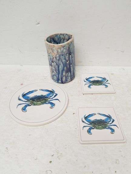 Blue Crab Coasters, Hot Pad, Ceramic Holder - Trice Auctions