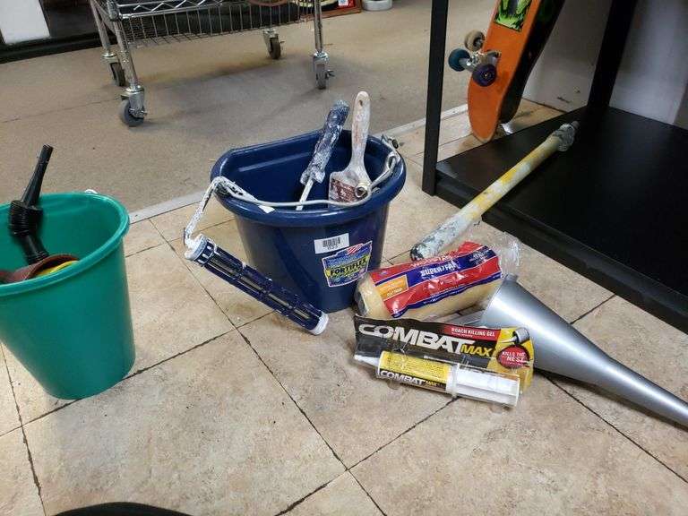 Two Buckets Full Of Painting Supplies And Long Funnel - Trice Auctions