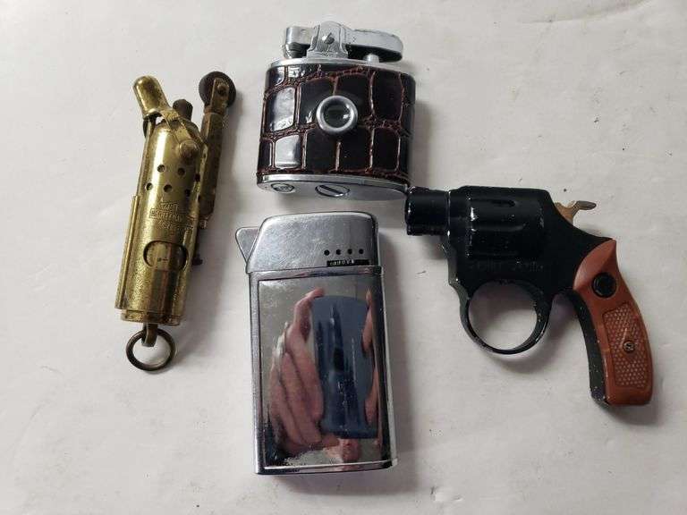 (4) Novelty Lighters - Gun, Flask, Harley Davidson - Trice Auctions