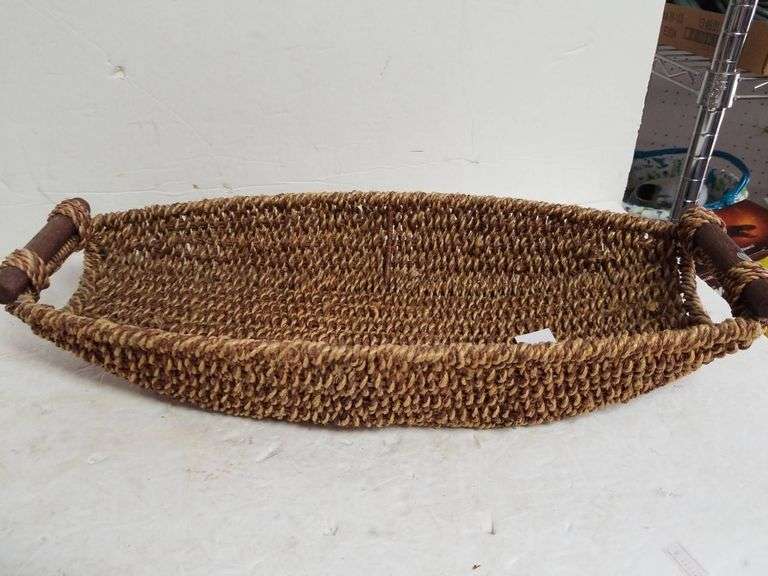 Woven Natural Fiber Basket with Wooden Handles - Trice Auctions Woven Natural Fiber Basket with Wooden Handles - Trice Auctions