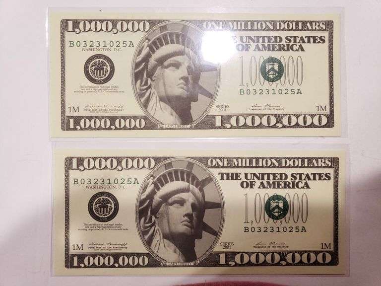 (2) Novelty One Million Dollar $1,000,000 Bills - Trice Auctions