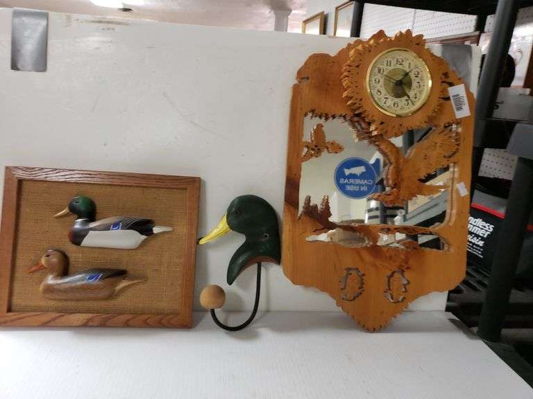 Carved Wood Bird Mirror Clock, Duck Hook, Duck Wall Art - Trice Auctions