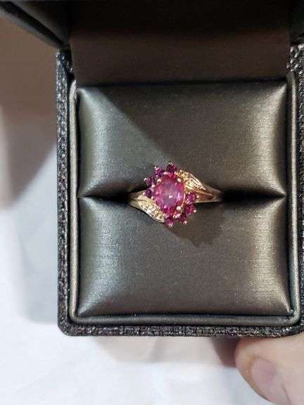 Gold Over Sterling Silver Ring Sz 8 Cranberry Stones - Trice Auctions