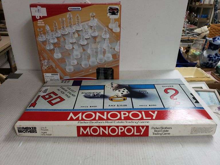 Glass Chess & Checkers Set, Monopoly Board Game - Trice Auctions