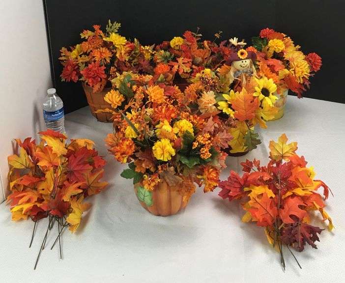 Fall Flower Arrangements in 30 gal Tote. (6) Decorative Buckets/Vases ...