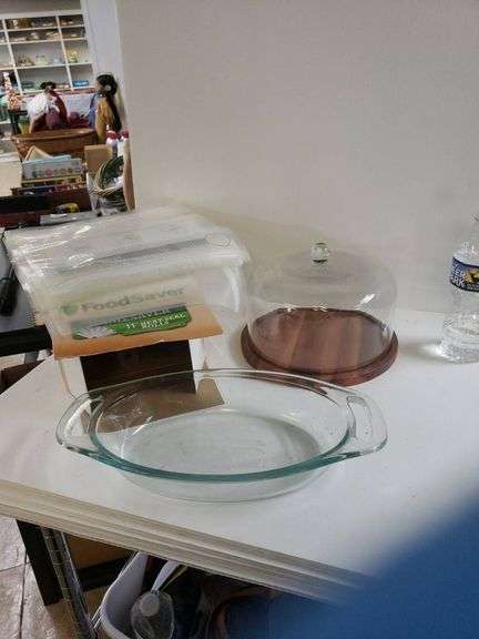 Lot of Kitchen Items Including Glass Baking Dish, Wooden and Glass Cake Dome, and FoodSaver Bags ...
